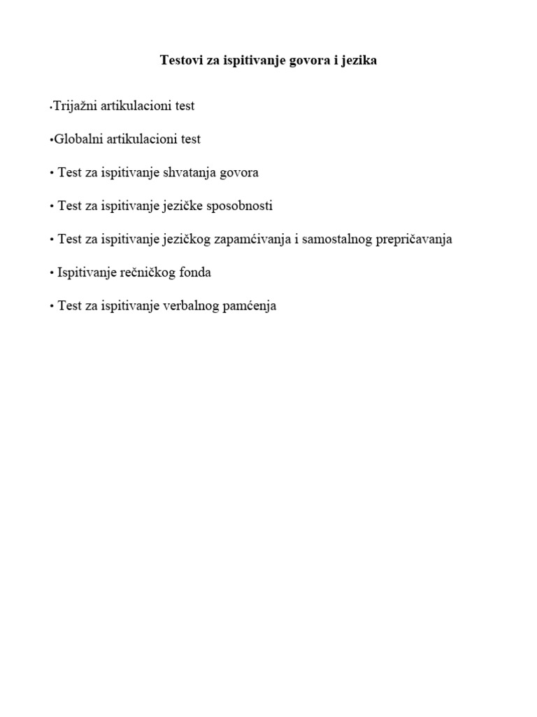 Testovi Za Ispitivanje Govora I Jezika 1 | PDF