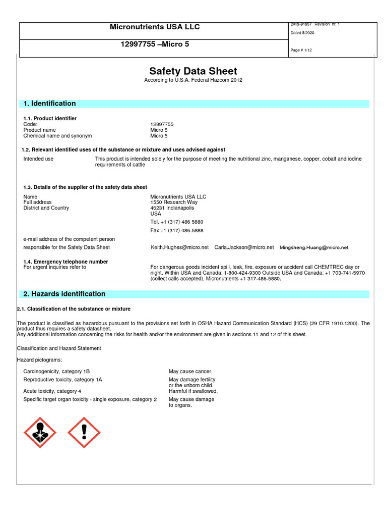 Micro 5 Safety Data Sheet Overview | PDF | Dangerous Goods | Toxicity