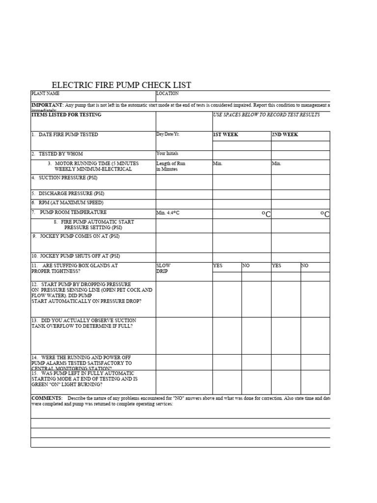 Electricdiesel Fire Pump Check List | PDF | Pump | Mechanical Engineering