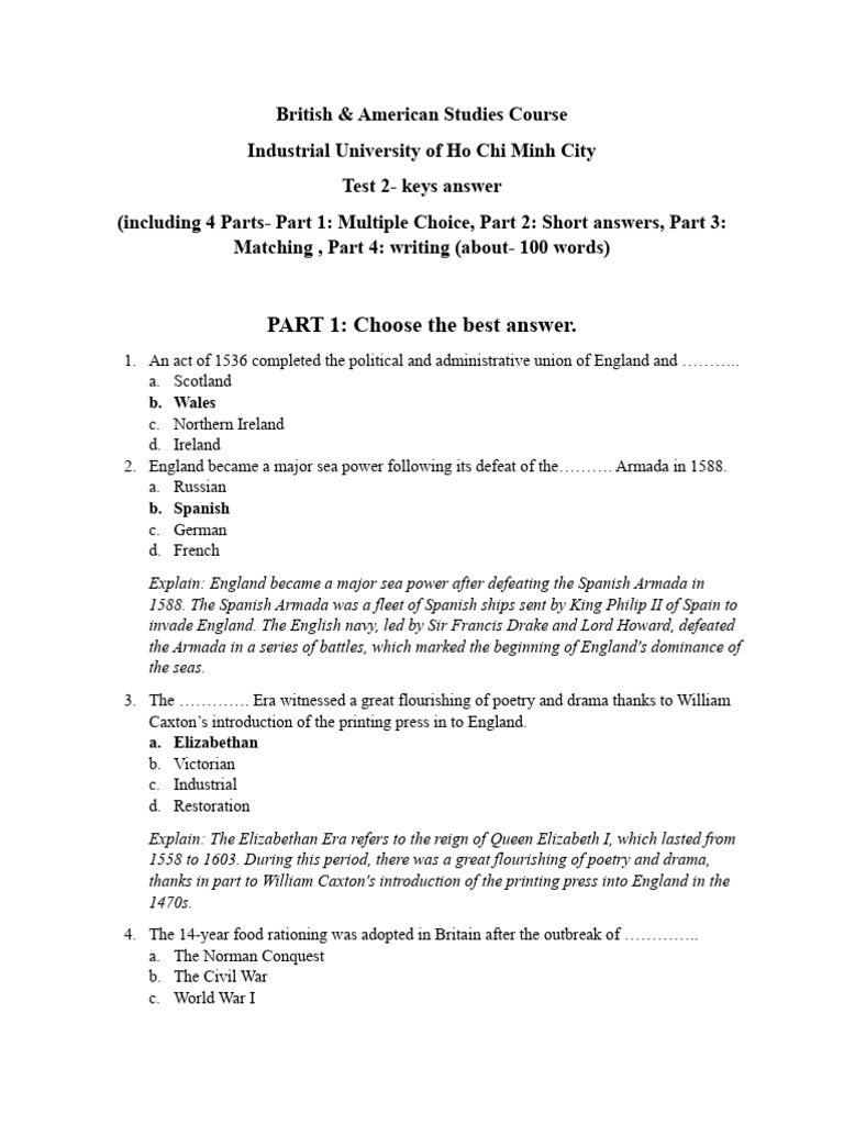 British & American Studies Test Answers | PDF