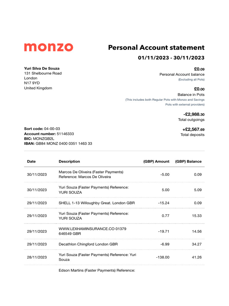 Monzo - Bank - Statement - 2023 11 01 2023 11 30 - 8152 | PDF
