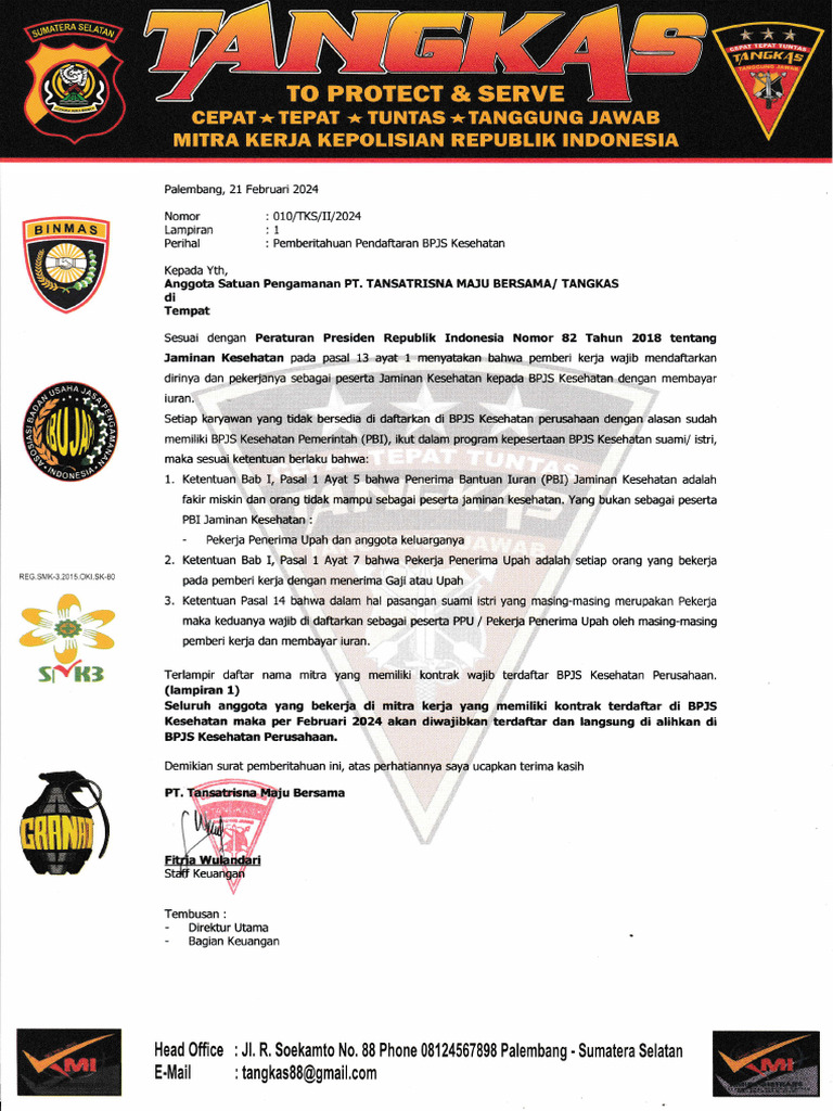 Surat Pemberitahuan Wajib Terdaftar BPJS Kesehatan Perusahaan | PDF
