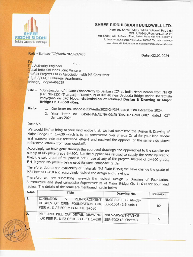 Submission of Revised Design & Drawing of Major Bridge at Ch. 1+650 | PDF