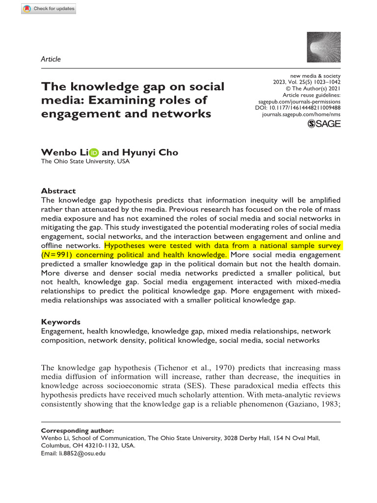 Li Cho 2021 The Knowledge Gap On Social Media Examining Roles of Engagement and Networks | PDF ...