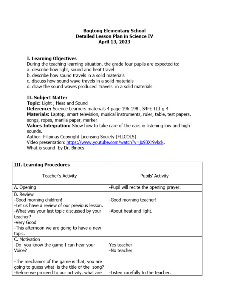 Detailed Lesson Plan in Science 4 | PDF | Sound | Waves