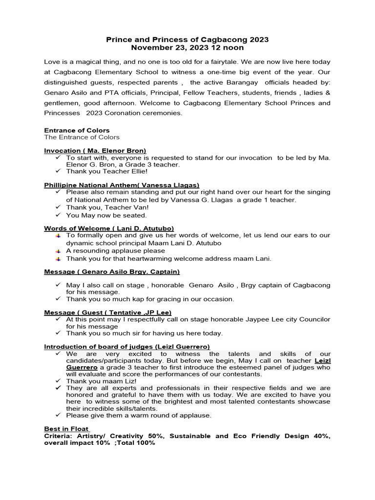 Script Prince and Princess of Cagbacong 2023 | PDF