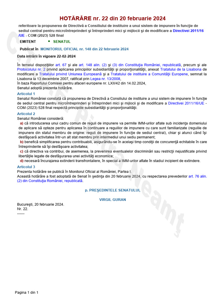 HOTĂRÂRE Nr. 22 Din 20 Februarie 2024 | PDF