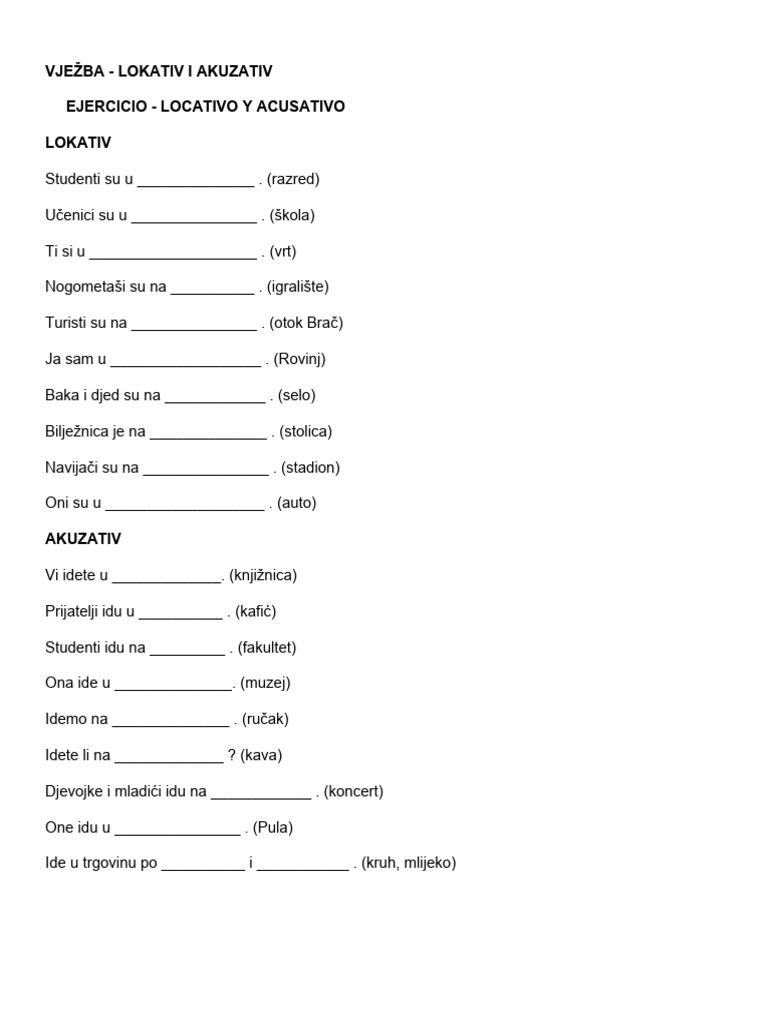 Vježba - Lokativ I Akuzativ | PDF