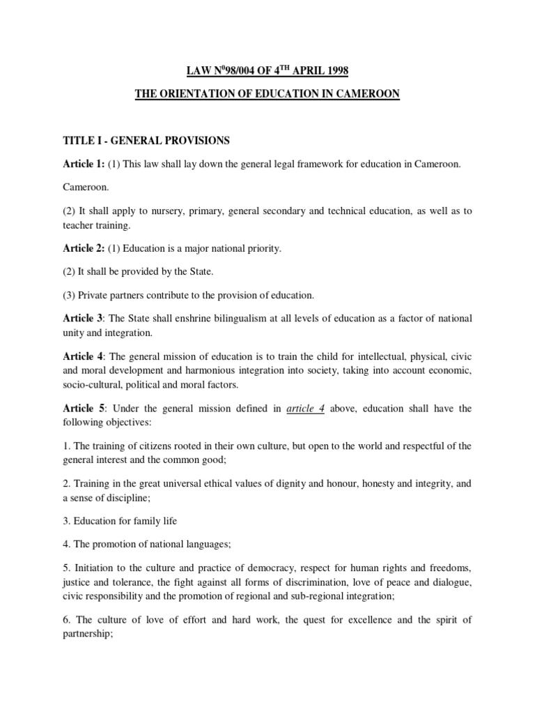 Law No. 98/004 of 4th April 1998 On Education in Cameroon | Download Free PDF | Schools ...