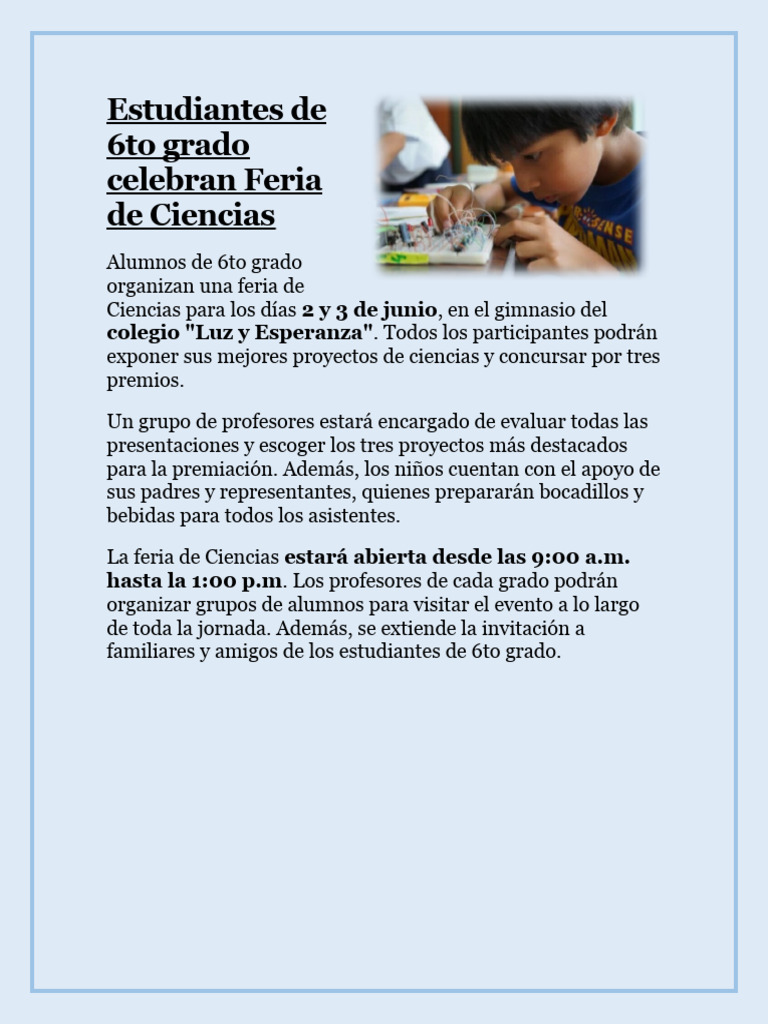 Ejemplo de Nota Informativa Corta para Ninos de Primaria | PDF ...