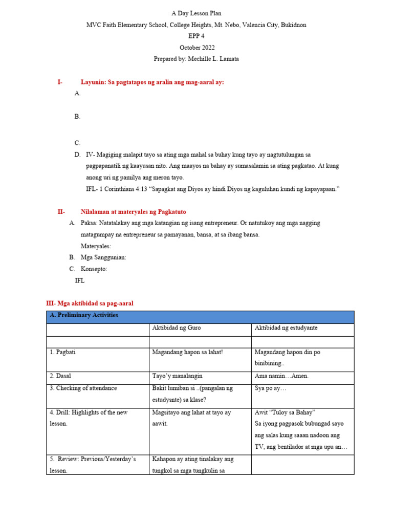 EPP A Day Lesson Plan | PDF