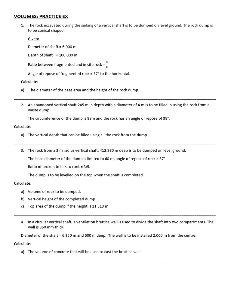 Rock Dump Calculations for Vertical Shafts | PDF | Science & Mathematics
