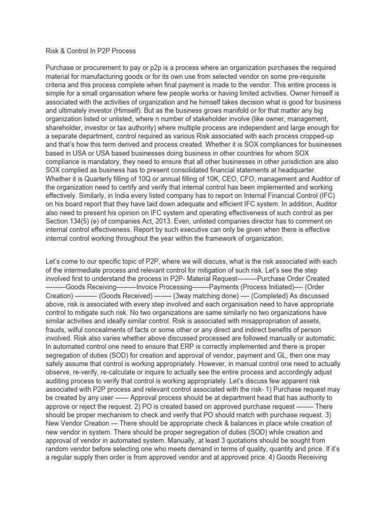 SCR - Risk & Control in P2P Process | PDF | Internal Control | Sarbanes ...