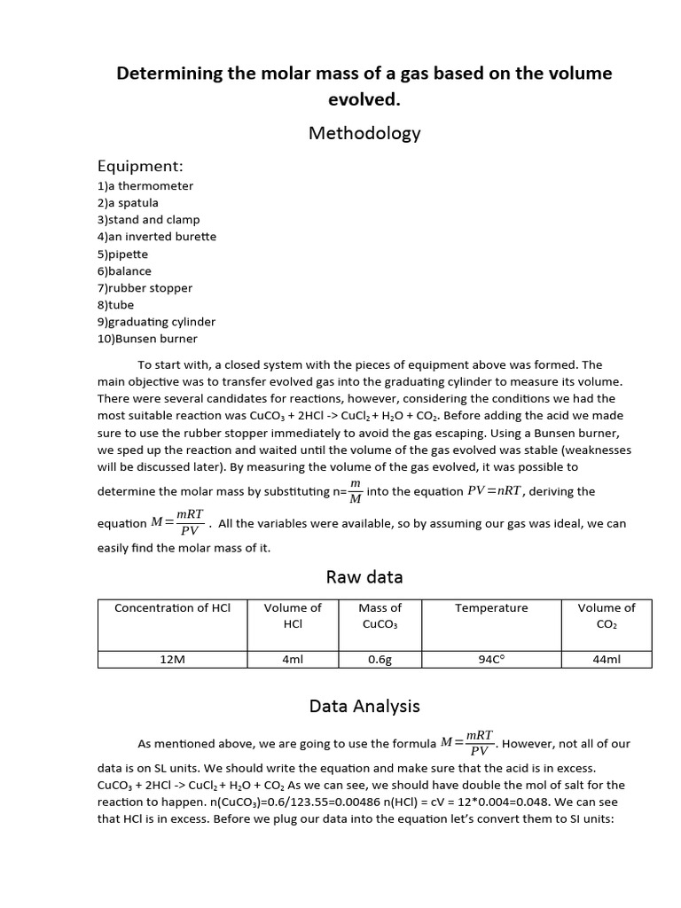 Determining The Molar Mass of A Gas Based On The Volume Evolved | PDF ...