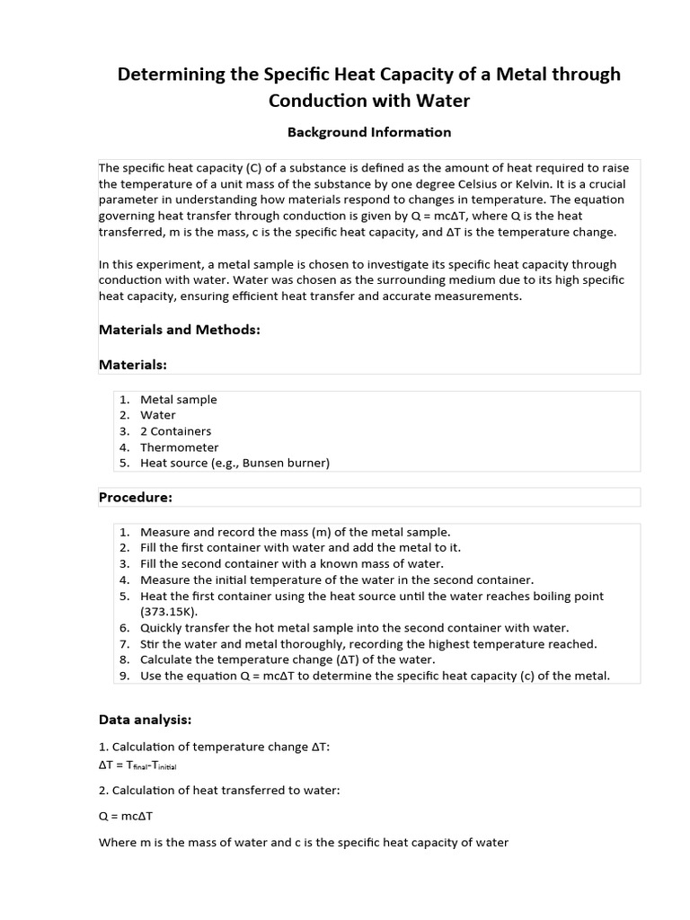 Determining The Specific Heat Capacity of A Metal Through Conduction ...
