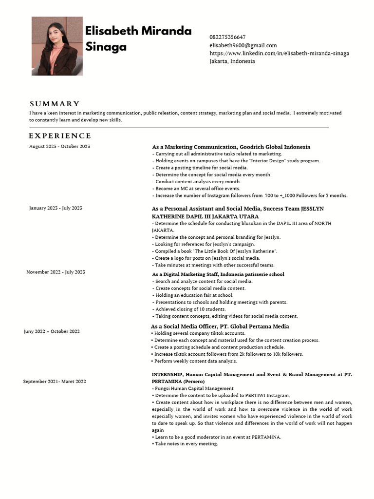 Elisabeth Miranda Sinaga Digital Communication Staff Resume | Download Free PDF | Social Media ...