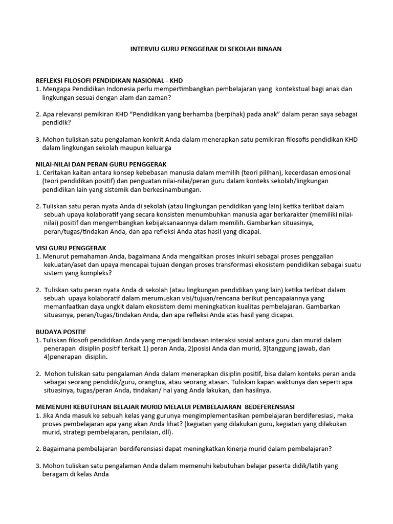 SOAL INTERVIEW GURU PENGGERAK DISEKOLAH | PDF