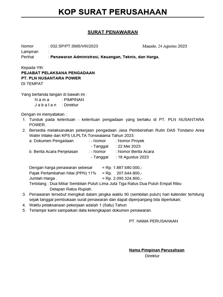 Contoh Surat Penawaran Tender | PDF