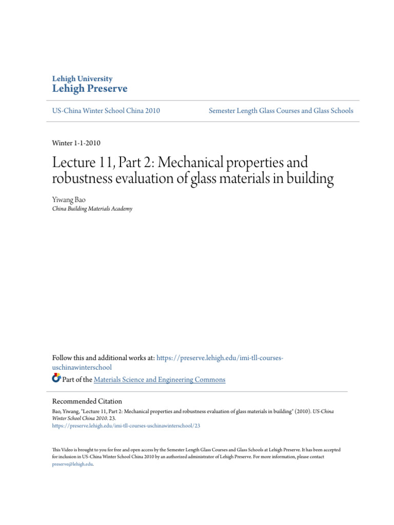 Lecture 11, Part 2: Mechanical Properties and Robustness Evaluation of Glass Materials in ...