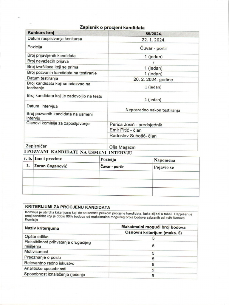Zapisnik o Procjeni Kandidata Čuvar Portir 89/24 LUKA BRČKO 22.01.2024 | PDF