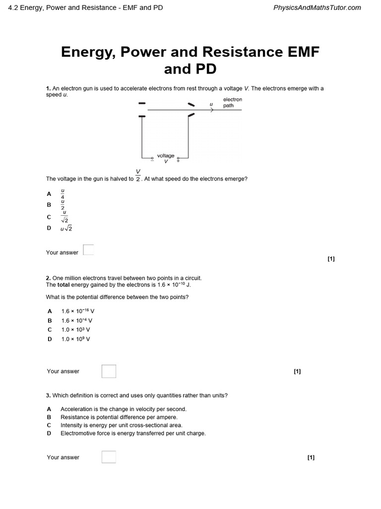 4.2 Energy, Power and Resistance - EMF and PD QP | Download Free PDF | Voltage | Electron