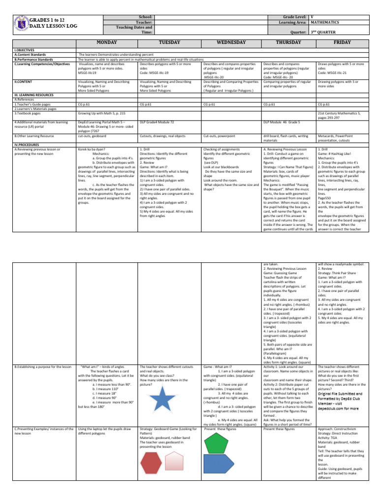 DLL - Mathematics 5 - Q3 - W3 | PDF | Triangle | Shape