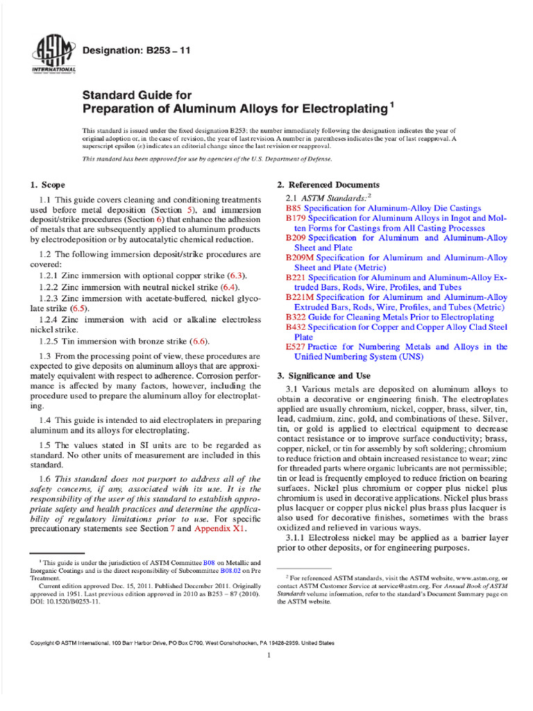 Standard Guide For Preparation of Aluminum Alloysfor Electroplating | PDF