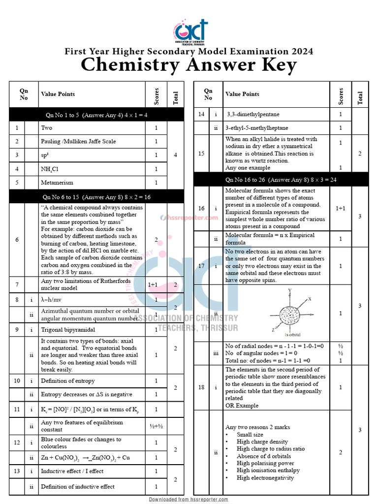 Chemistry Answer Key for 2024 Exam | PDF | Chemical Reactions | Acid