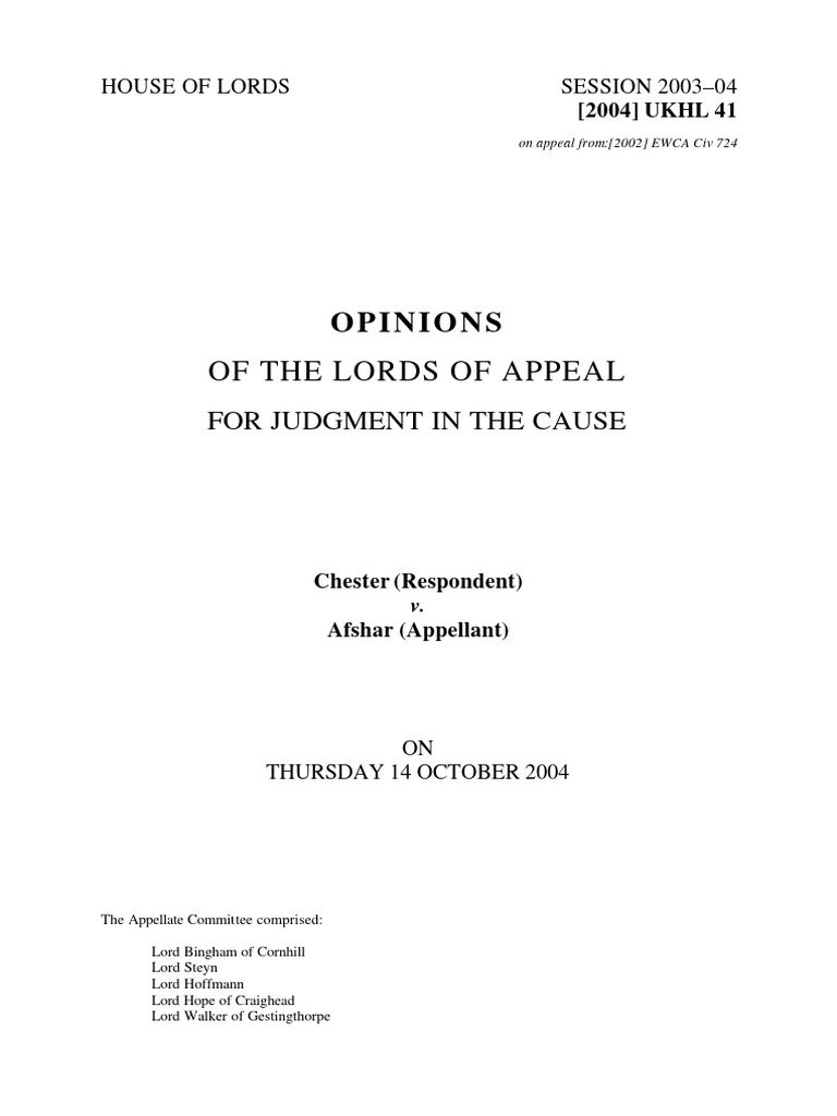 Chester V Afshar 2004 Causation Professional Negligence LexLaw | PDF ...