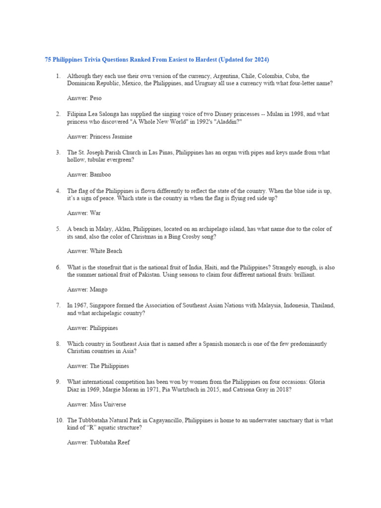 75 Philippines Trivia Questions Ranked From Easiest To Hardest | PDF ...