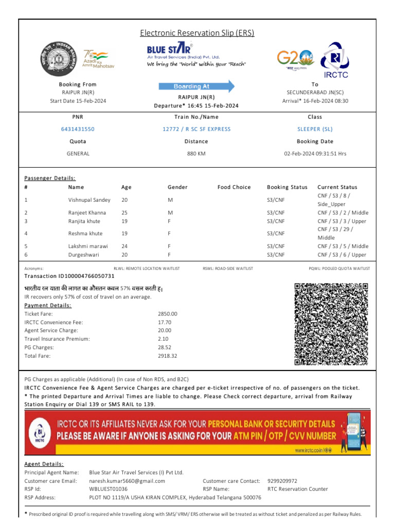 Electronic Reservation Slip (ERS) | PDF | Business | Rail Transport