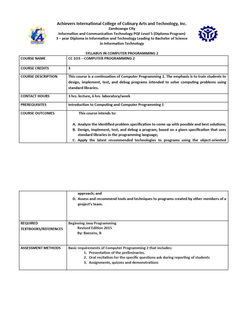 CC 103 - Computer Programming 2 | PDF | Class (Computer Programming) | Object Oriented Programming
