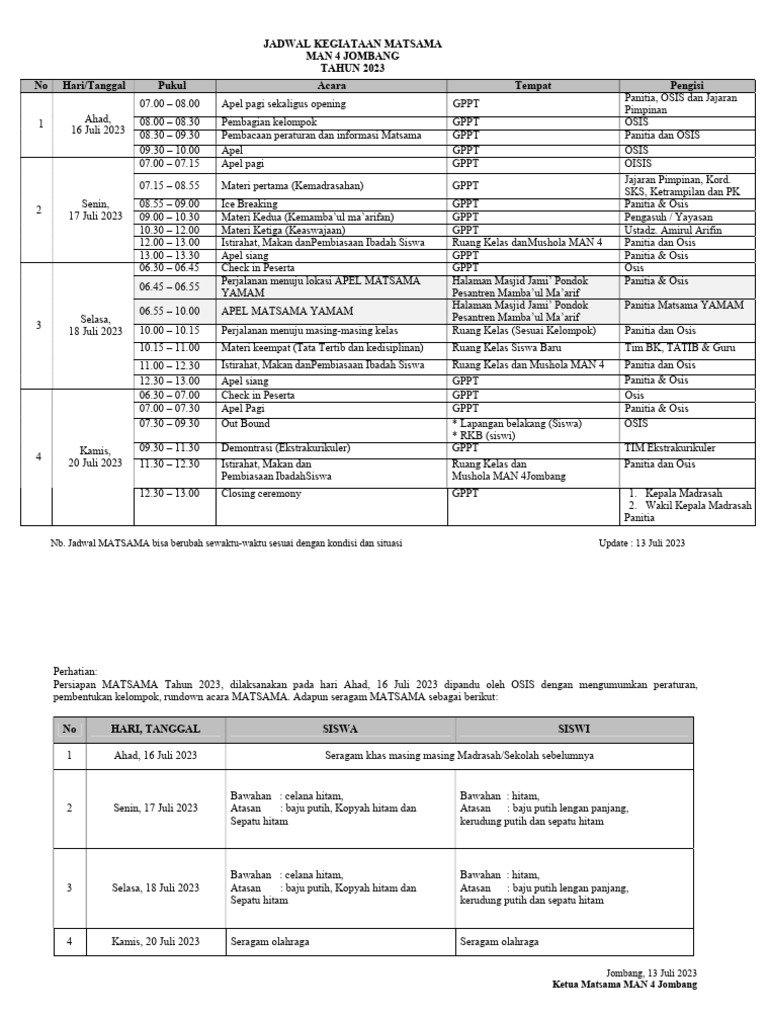 Rundown Acara Matsama MAN 4 Jombang 2023 | PDF