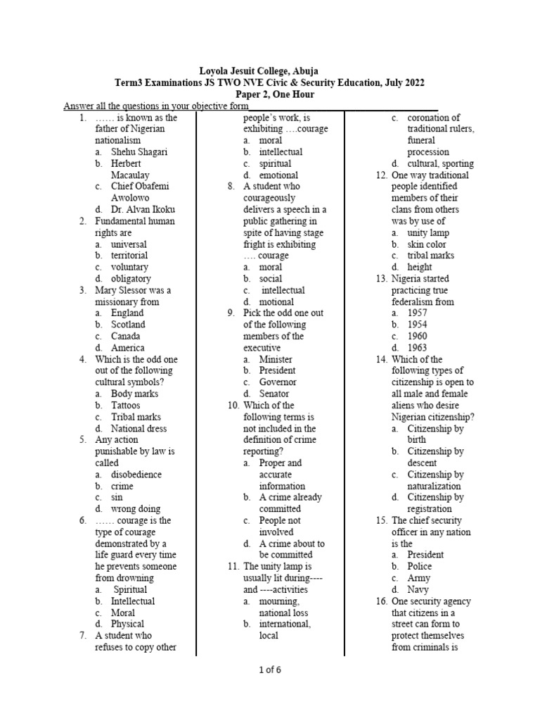 Civic & Security Education Js 1 Paper 2 Term 3 Examination July 2022 ...
