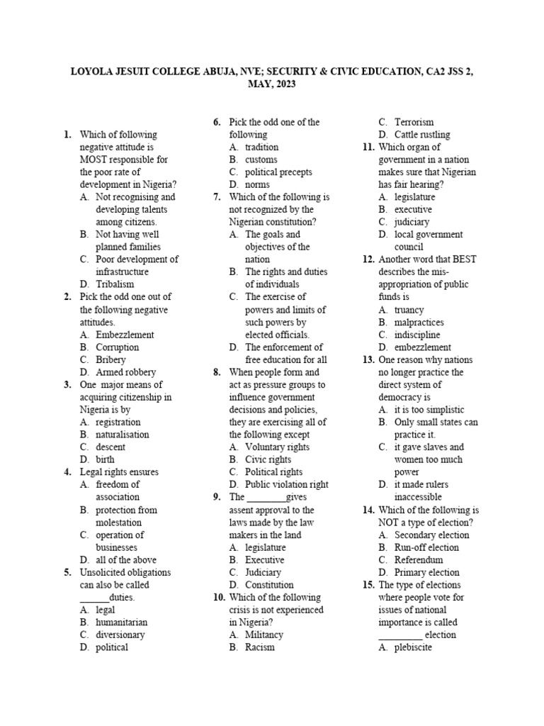 Civic Education CA 2 Jss 2 MR Danladi | PDF | Nigeria | Justice