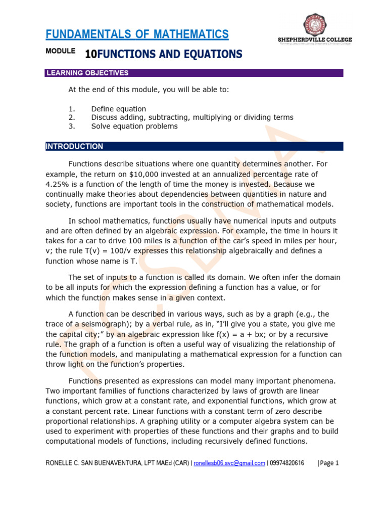 Funmath Module 10 Functons and Equations | PDF | Function (Mathematics) | Equations