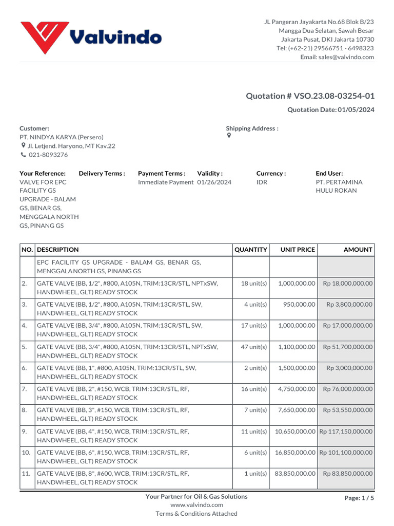 Quotation - VSO.23.08-03254-01 - PT. NINDYA KARYA (Persero) - VALVE FOR ...