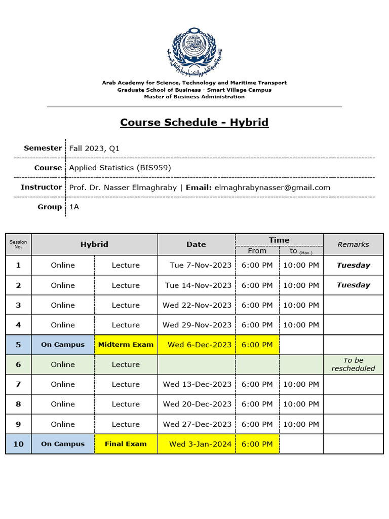 1A Course Schedule - Hybrid - Applied Statistics | PDF