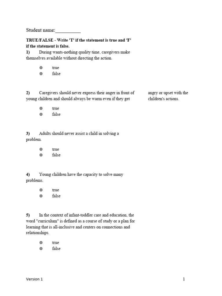 Student Name: - : TRUE/FALSE - Write 'T' If The Statement Is True and ...