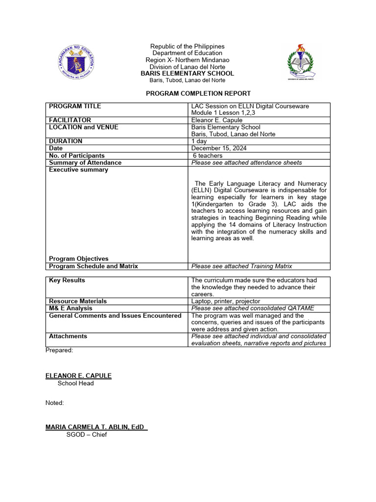 Slac Completion Report S.Y. 2022 2023 | PDF | Teachers | Literacy