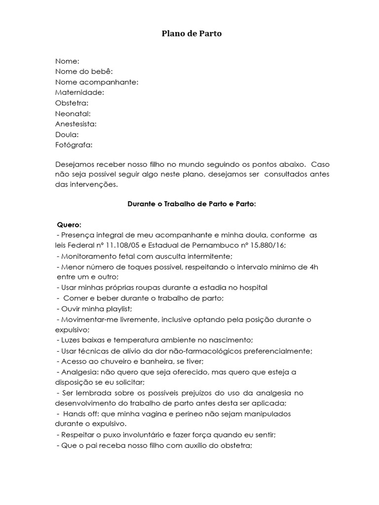Plano de Parto 3 - Editável | PDF | Parto | Especialidades médicas