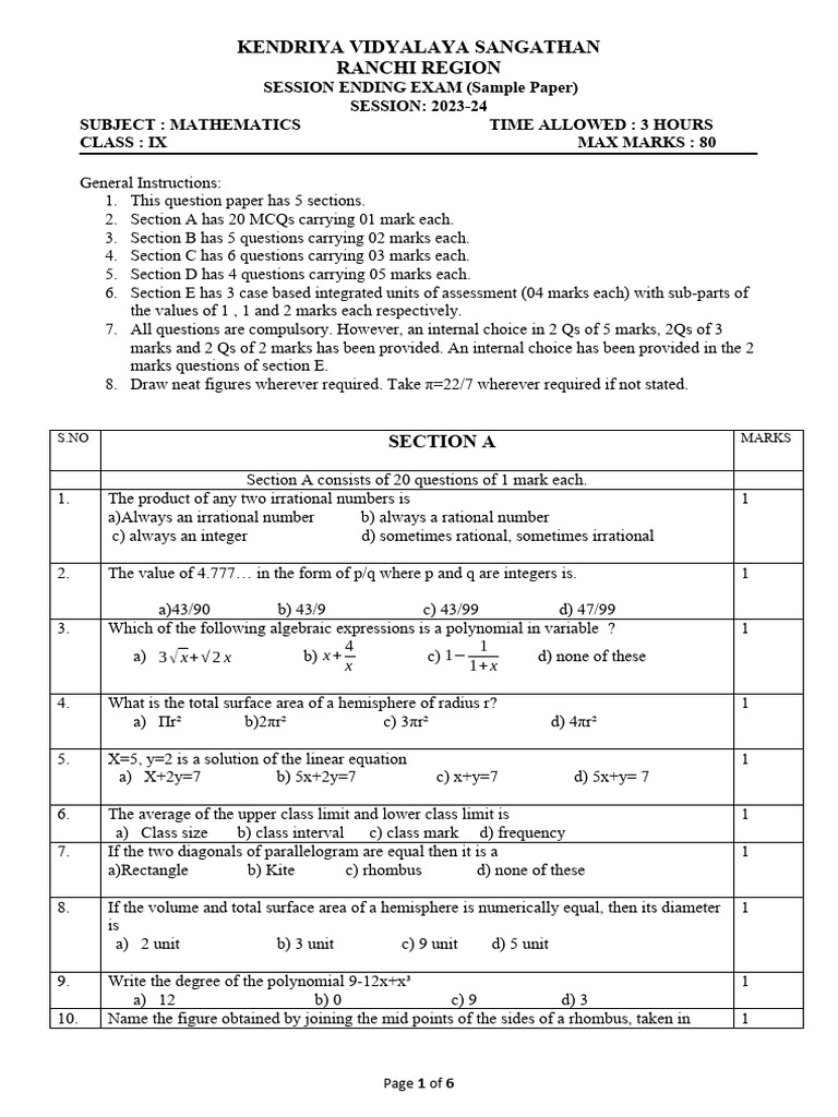 Class Ix Maths QP Sample Paper 2023-24 | PDF | Area | Triangle