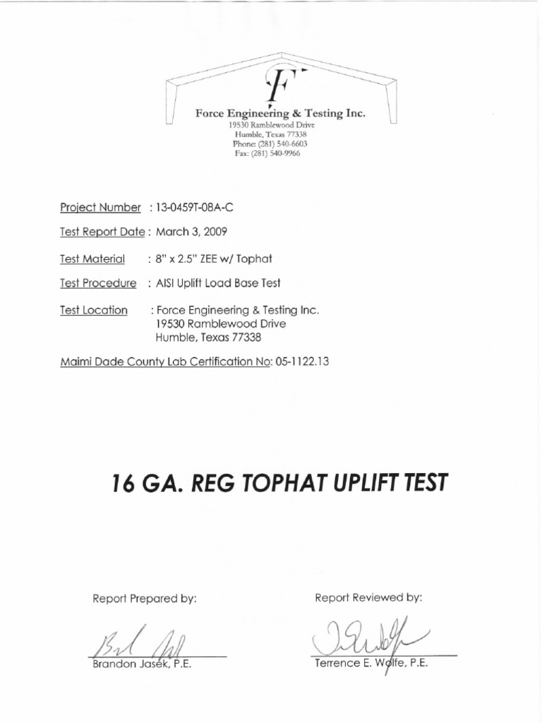 16ga Continuous TopHat Uplift Test | PDF