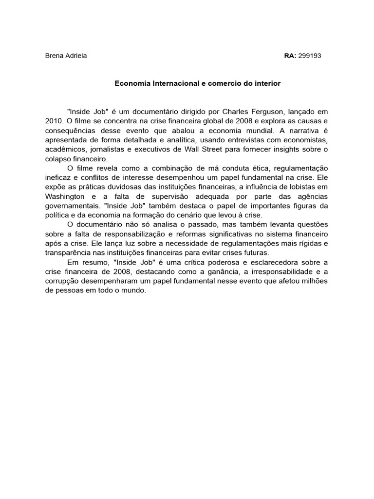Filme Inside Job (Trabalho Interno | PDF