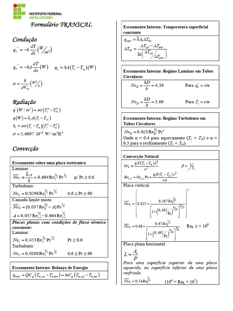 Formulário Transcal | PDF | Engenharia de Processos | Química Física