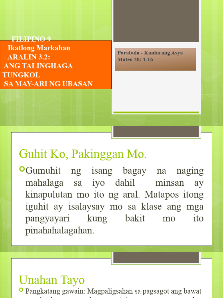 Aralin 2-Ang Talinghaga Tungkol Sa May-Ari NG Ubasan | PDF Aralin 2-Ang Talinghaga Tungkol Sa May-Ari NG Ubasan | PDF