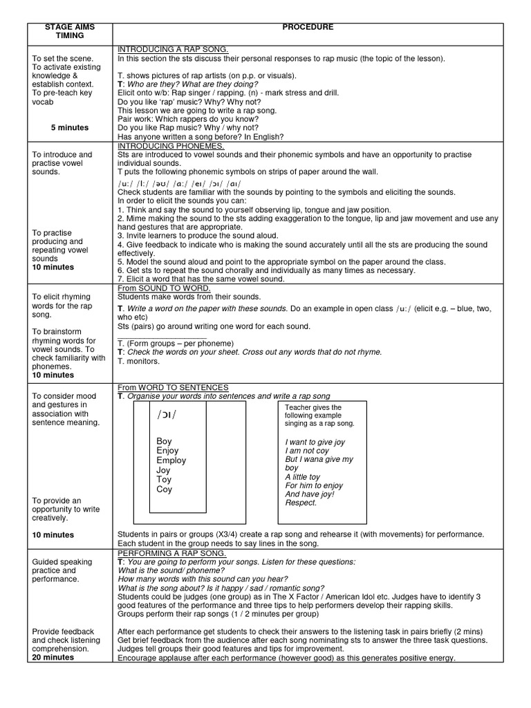 Rap Song Lesson Plan | PDF | Phoneme | Rapping