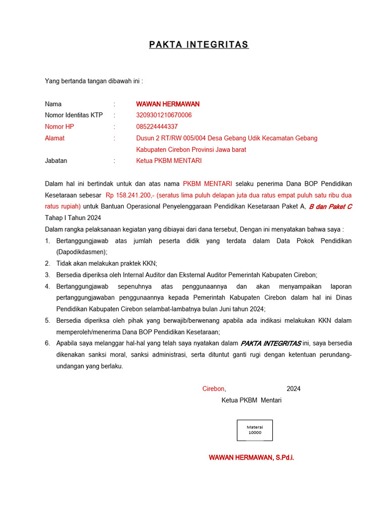 Pakta Integritas 2024 | PDF