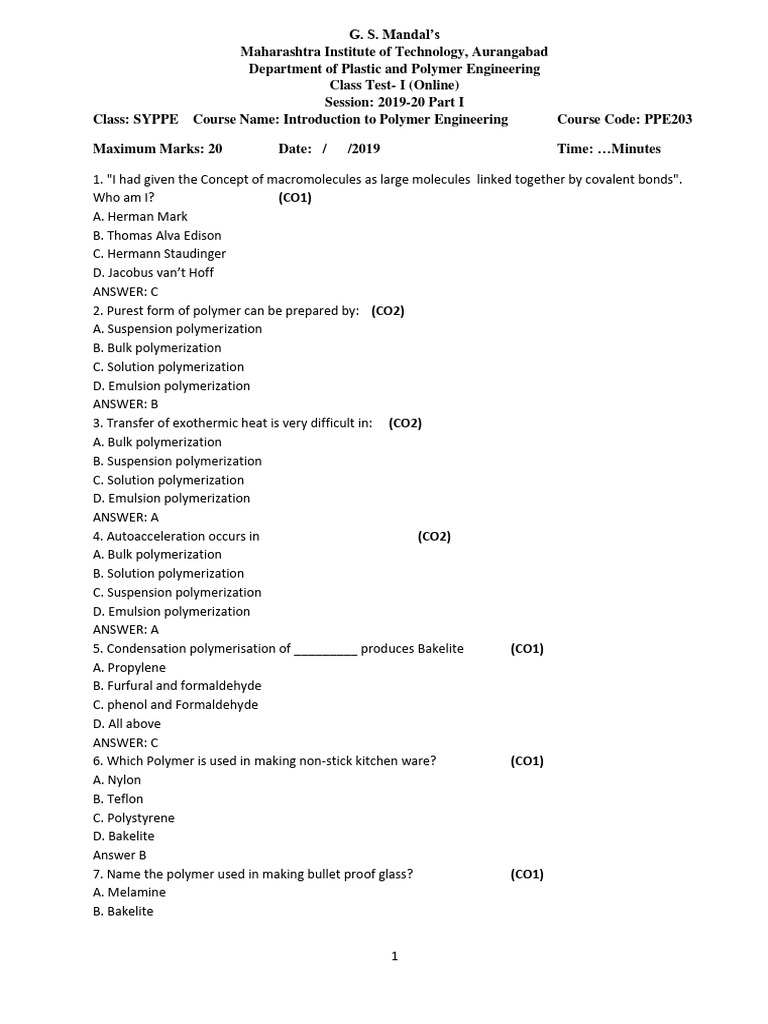 Ipe Question Paper - Syppe | PDF | Polymers | Polymerization