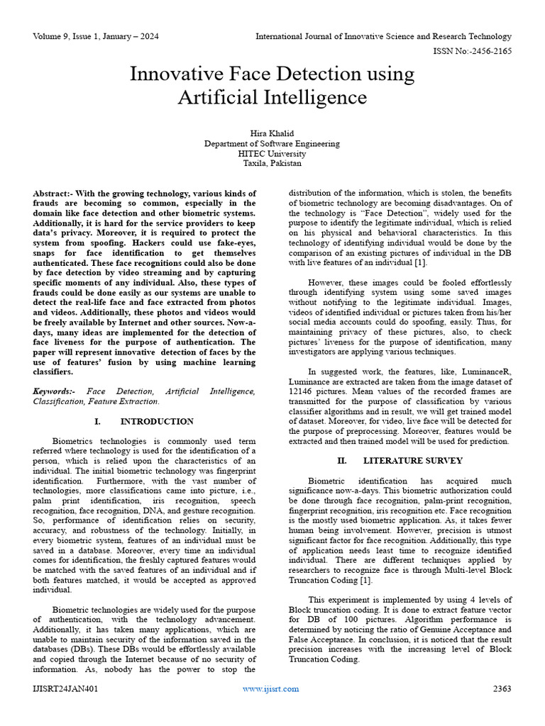 Innovative Face Detection Using Artificial Intelligence | PDF | Biometrics | Machine Learning